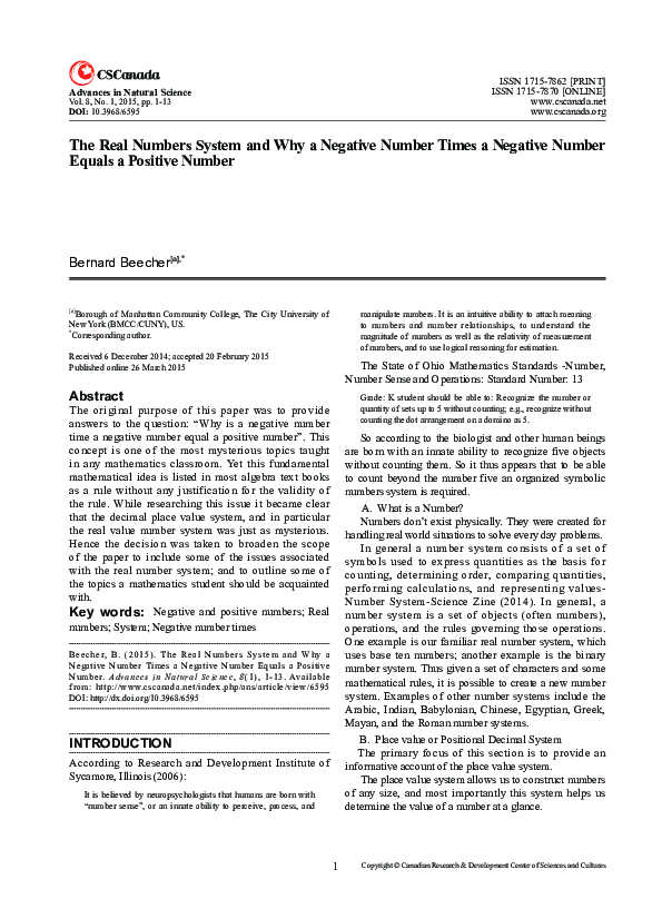 (PDF) The Real Numbers System and Why a Negative Number Times a ...
