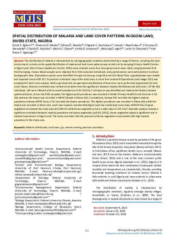 (PDF) Spatial Distribution of Malaria and Land Cover Patterns in Ogoni ...