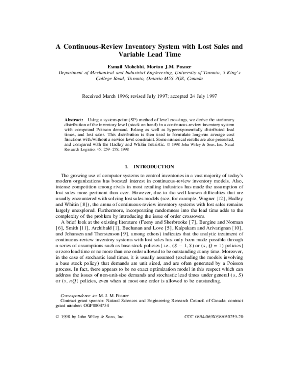 (PDF) A continuous-review inventory system with lost sales and variable lead time