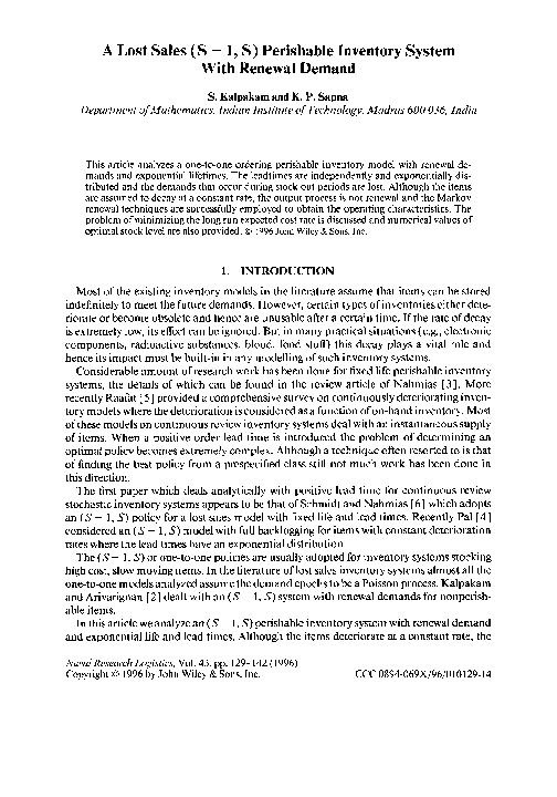Pdf A Lost Sales S — 1 S Perishable Inventory System With Renewal Demand