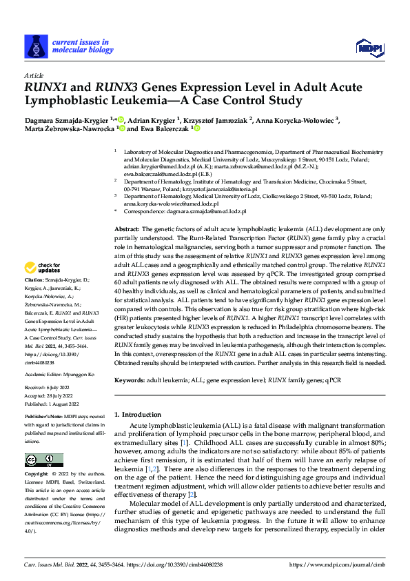 (PDF) RUNX1 and RUNX3 Genes Expression Level in Adult Acute Lymphoblastic Leukemia—A Case ...