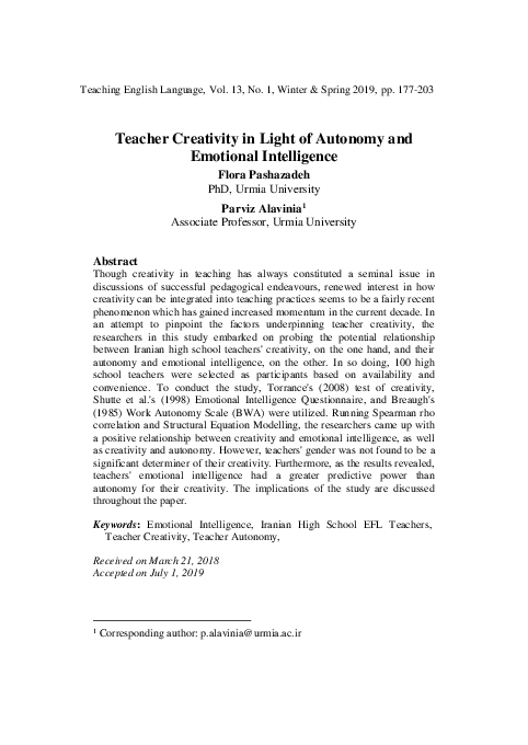 (PDF) Teacher Creativity in Light of Autonomy and Emotional Intelligence