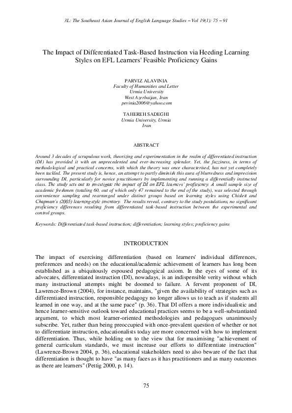 (PDF) The Impact of Differentiated Task-Based Instruction via Heeding Learning Styles on EFL ...