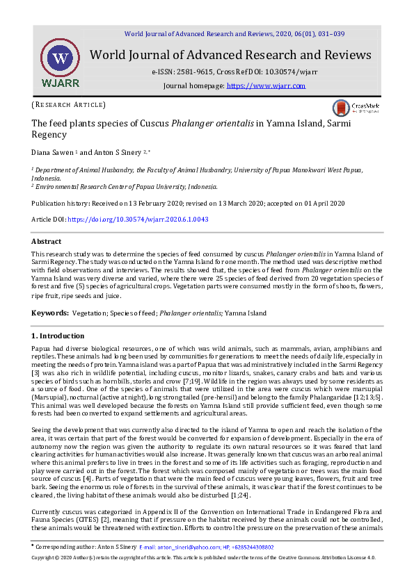 (PDF) The feed plants species of Cuscus Phalanger orientalis in Yamna ...