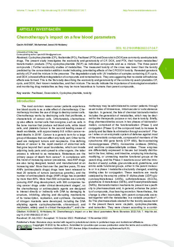 (PDF) Chemotherapy's impact on a few blood parameters