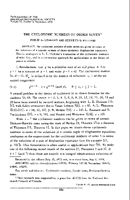 (PDF) The cyclotomic numbers of order seven