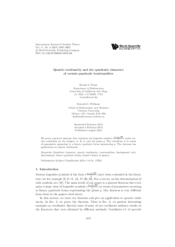 (PDF) Quartic residuacity and the quadratic character of certain ...