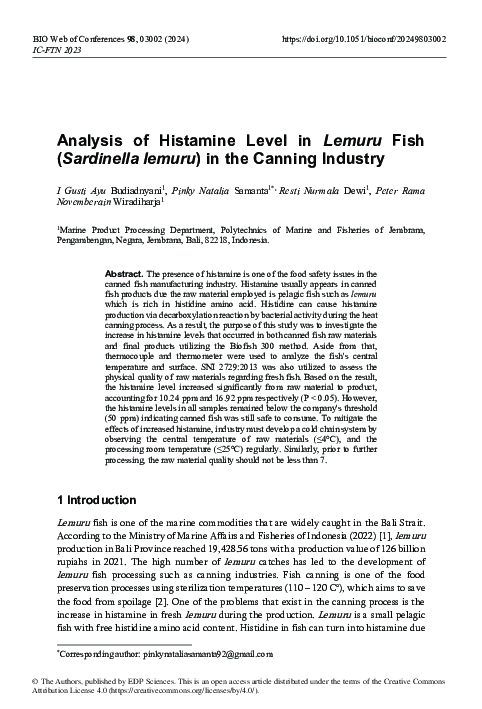 (PDF) Analysis of Histamine Level in Lemuru Fish ( Sardinella lemuru ...