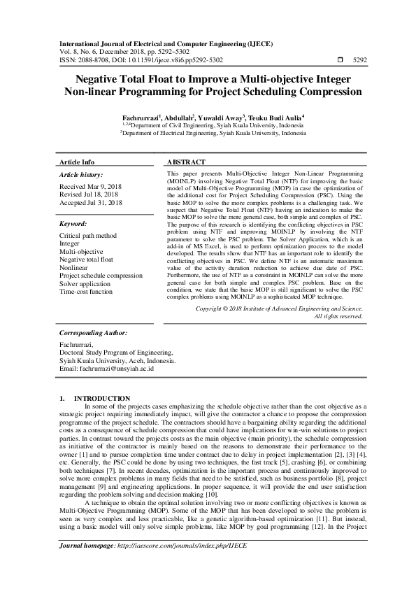 Pdf Negative Total Float To Improve A Multi Objective Integer Non Linear Programming For 5227