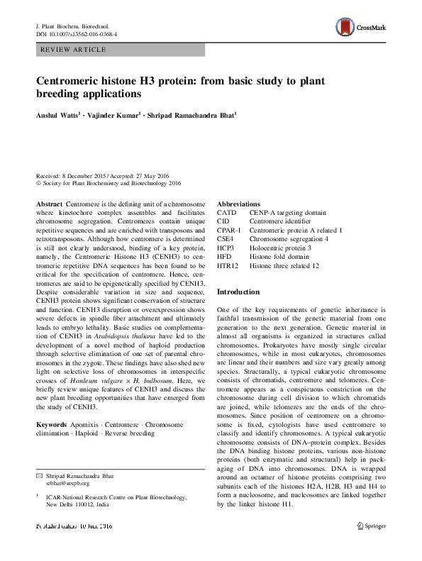 (PDF) Centromeric histone H3 protein: from basic study to plant ...