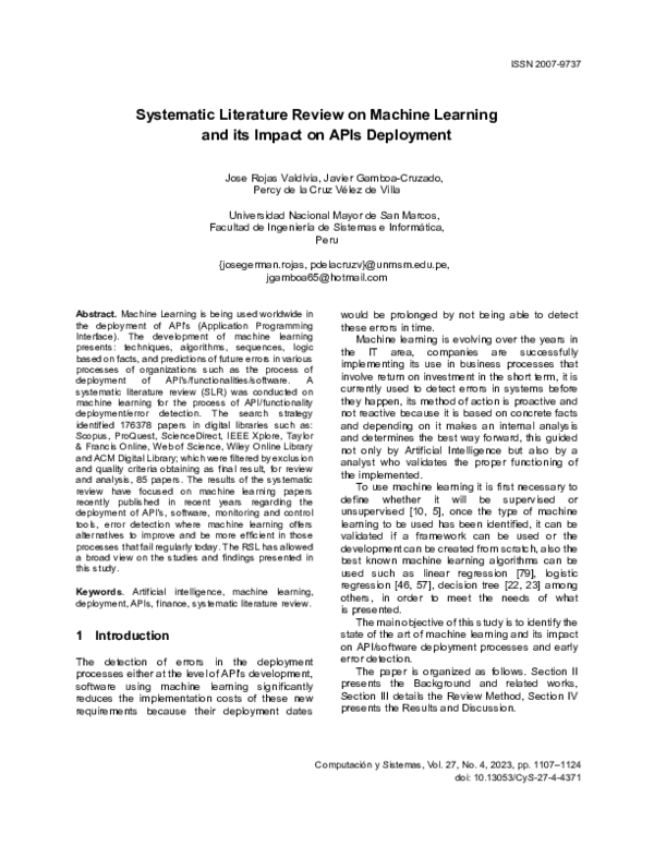 (PDF) Systematic Literature Review on Machine Learning and its Impact on APIs Deployment