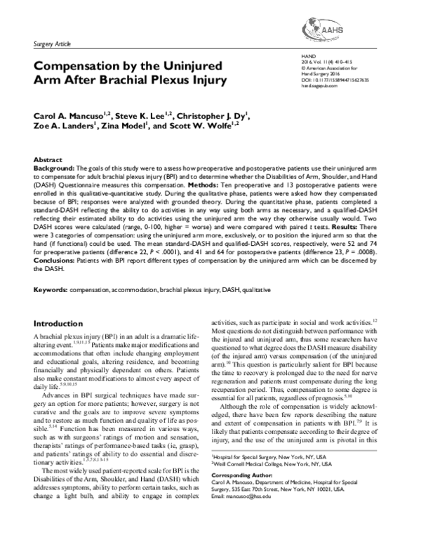 (PDF) Compensation by the Uninjured Arm After Brachial Plexus Injury