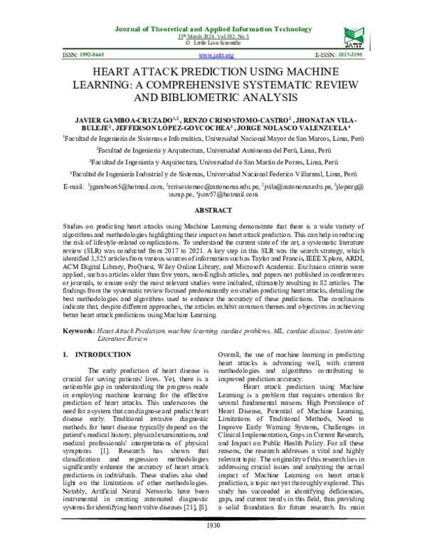 (PDF) HEART ATTACK PREDICTION USING MACHINE LEARNING: A COMPREHENSIVE SYSTEMATIC REVIEW AND ...