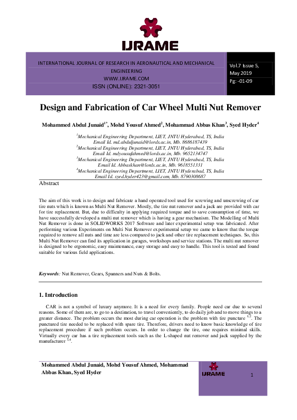 (PDF) Design and Fabrication of Car Wheel Multi Nut Remover