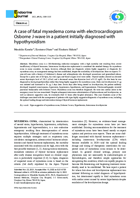 (PDF) A case of fatal myxedema coma with electrocardiogram Osborne J ...