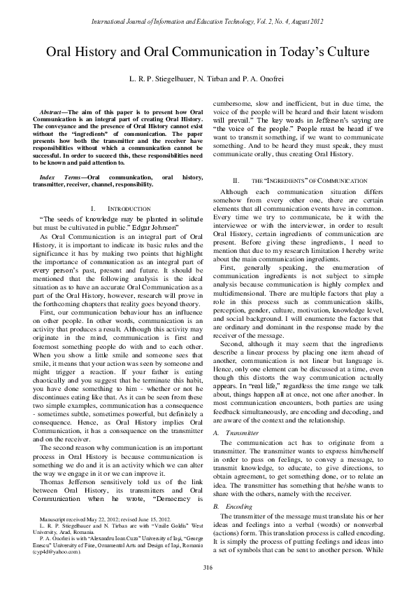 (PDF) Oral History and Oral Communication in Today’s Culture