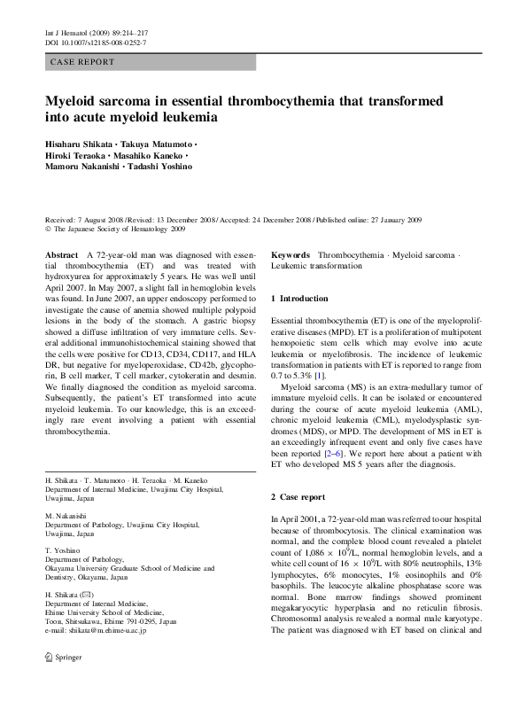(PDF) Myeloid sarcoma in essential thrombocythemia that transformed ...