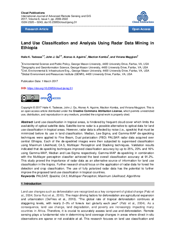 (PDF) Land Use Classification and Analysis Using Radar Data Mining in Ethiopia