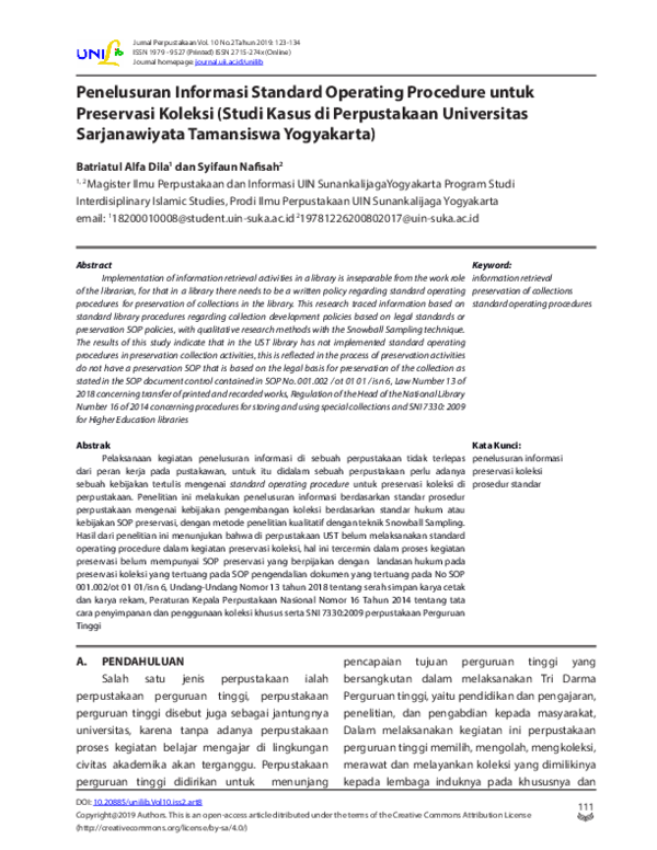 (PDF) Penelusuran Informasi Standard Operating Procedure Untuk Preservasi Koleksi (Studi Kasus ...