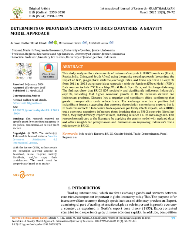 (PDF) DETERMINTS OF INDONESIA'S EXPORTS TO BRICS COUNTRIES: A GRAVITY ...