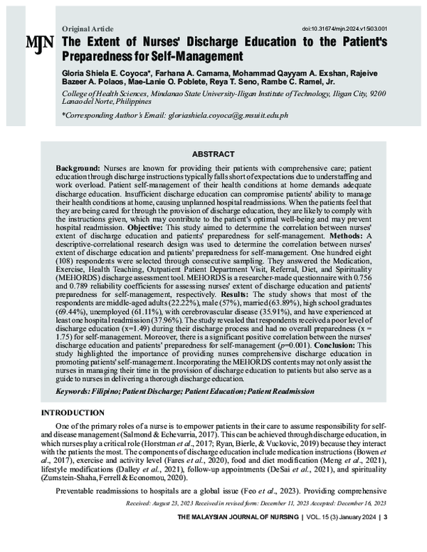 (PDF) The Extent of Nurses' Discharge Education to the Patient's ...