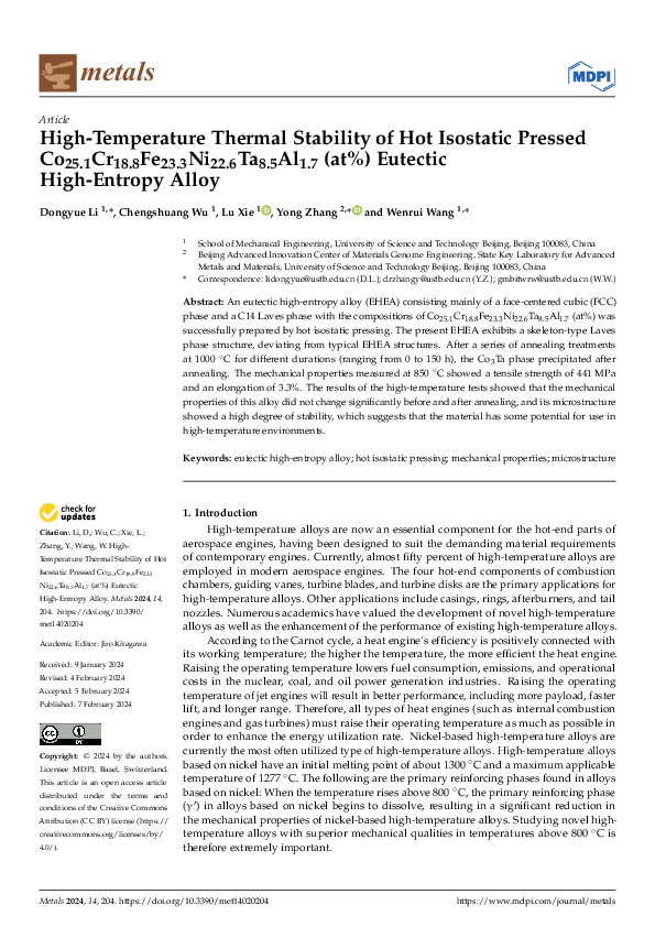 (PDF) High-Temperature Thermal Stability of Hot Isostatic Pressed Co25.1Cr18.8Fe23.3Ni22.6Ta8 ...