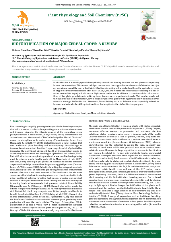 (PDF) Biofortification of Major Cereal Crops: A Review