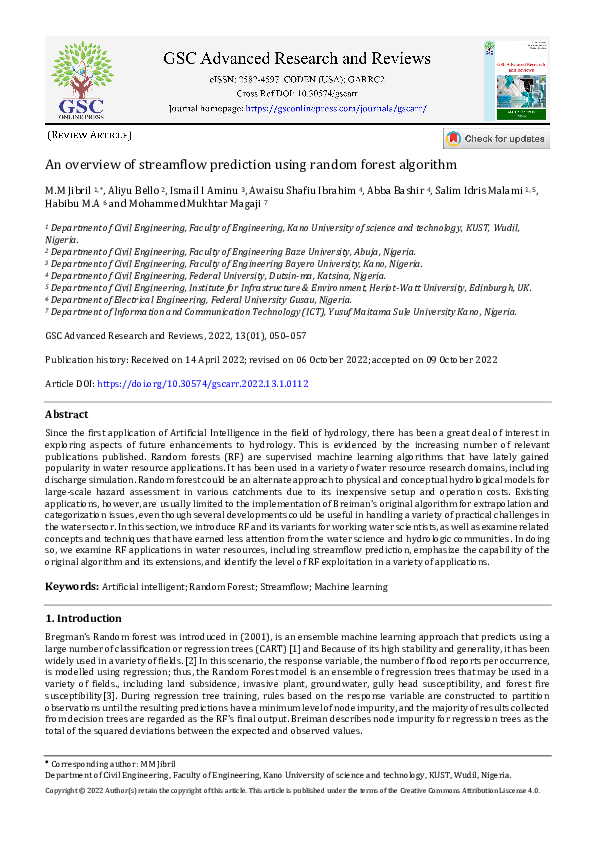 (PDF) An overview of streamflow prediction using random forest algorithm