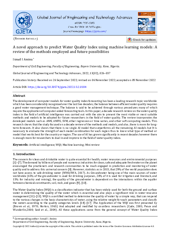 Pdf A Novel Approach To Predict Water Quality Index Using Machine Learning Models A Review Of
