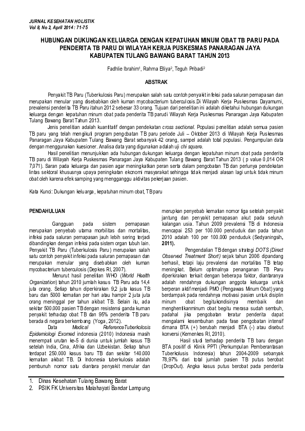 (PDF) Hubungan Dukungan Keluarga Dengan Kepatuhan Minum Obat TB Paru Pada Penderita TB Paru DI ...