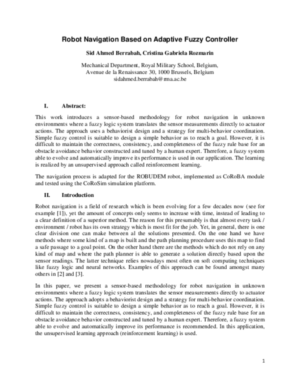 (PDF) Robot Navigation Based on Adaptive Fuzzy Controller