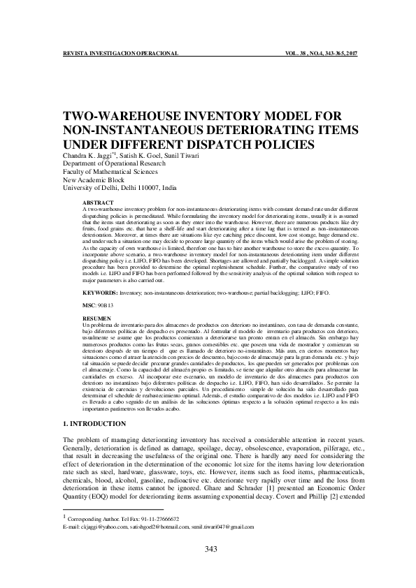 Pdf Two Warehouse Inventory Model For Non Instantaneous Deteriorating Items Under Different