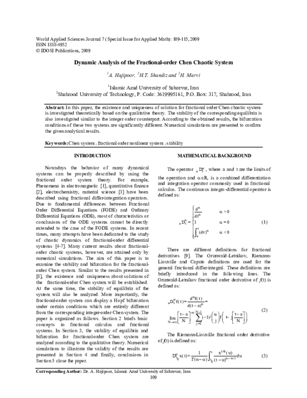 (PDF) Dynamic Analysis of the Fractional-order Chen Chaotic System