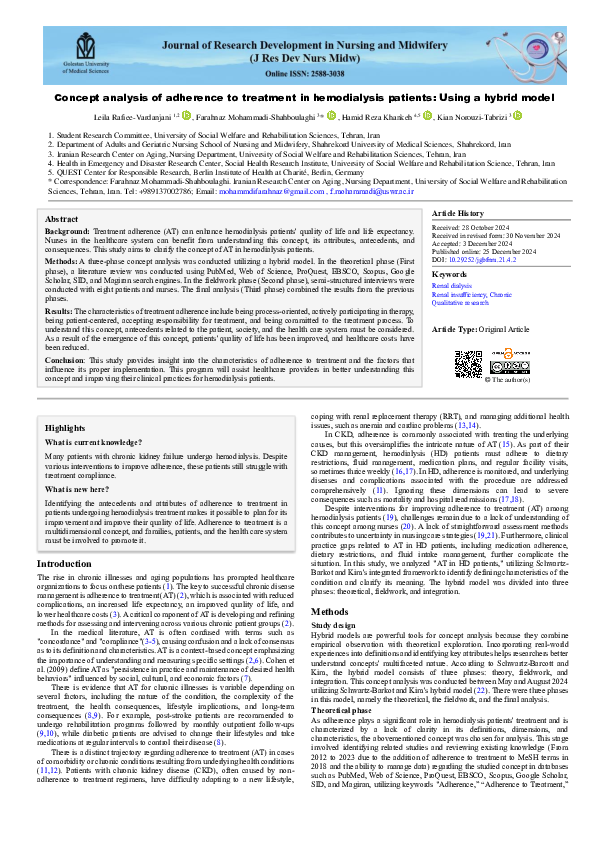 (PDF) Concept analysis of adherence to treatment in hemodialysis patients: Using a hybrid model