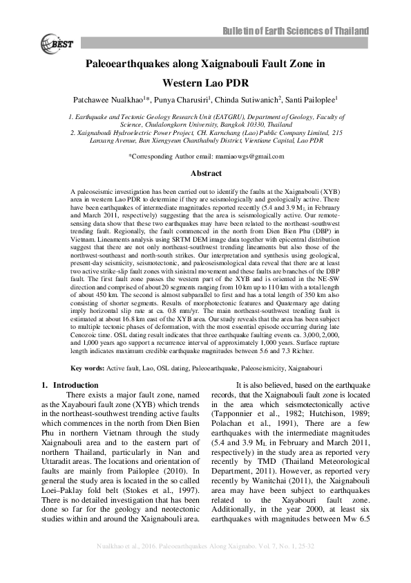 (PDF) Paleoearthquakes along Xaignabouli Fault Zone in Western Lao PDR