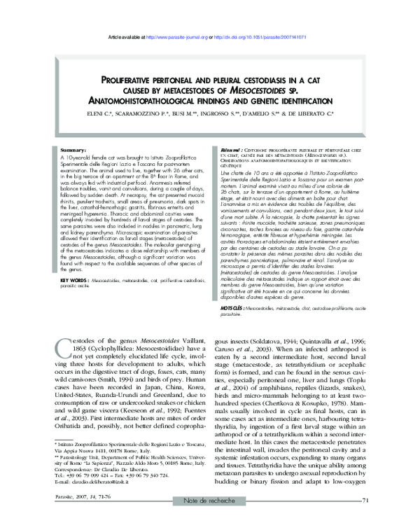 (PDF) Proliferative peritoneal and pleural cestodiasis in a cat caused ...