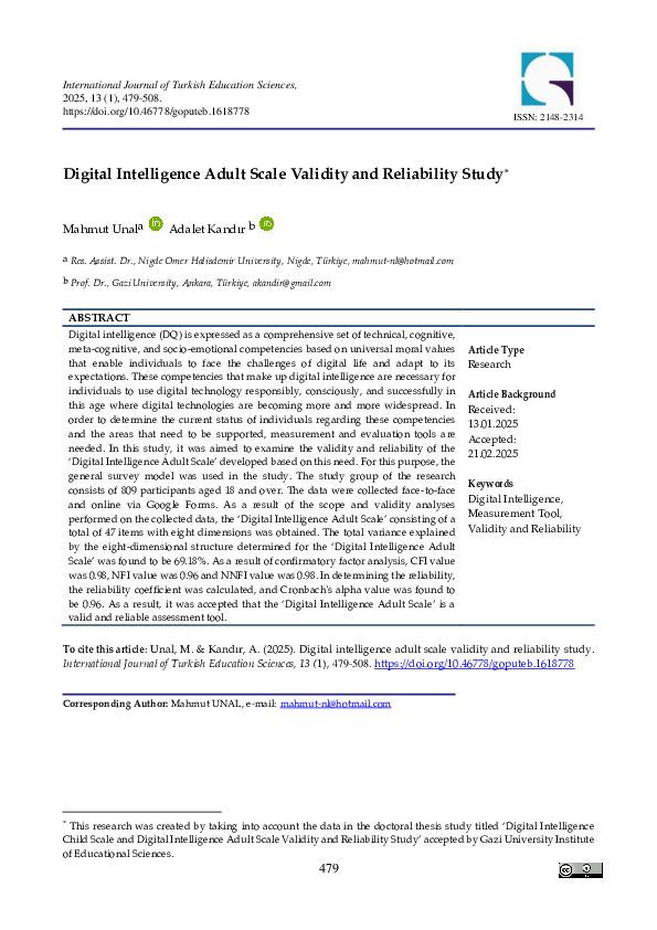 (PDF) Digital Intelligence Adult Scale Validity and Reliability Study