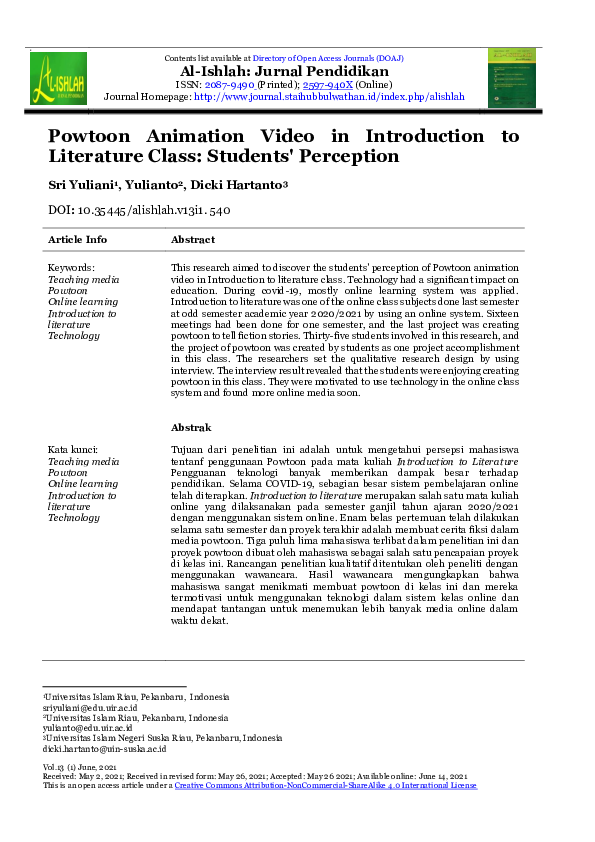 (PDF) Powtoon Animation Video in Introduction to Literature Class: Students' Perception