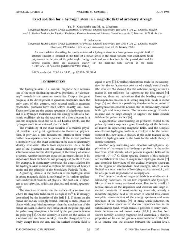 (PDF) Exact solution for a hydrogen atom in a magnetic field of ...