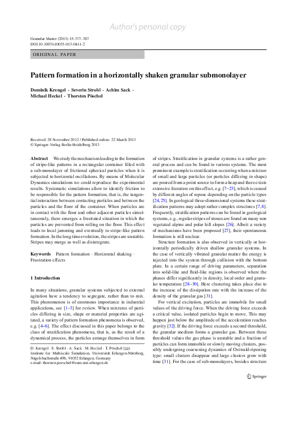 (PDF) Pattern formation in a horizontally shaken granular submonolayer