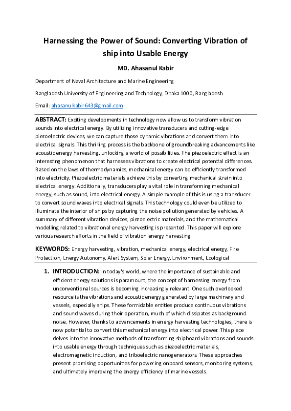 (PDF) Harnessing the Power of Sound: Converting Vibration of ship into ...