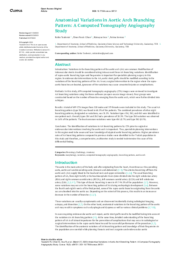 (PDF) Anatomical Variations in Aortic Arch Branching Pattern: A ...