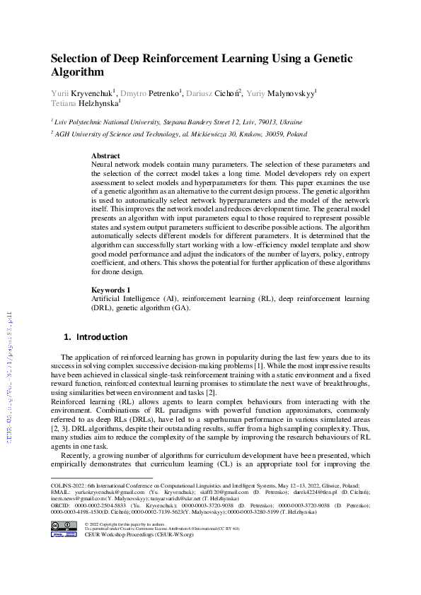 (PDF) Selection of Deep Reinforcement Learning Using a Genetic Algorithm