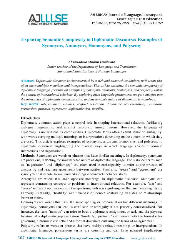 (PDF) Exploring Semantic Complexity in Diplomatic Discourse: Examples of Synonyms, Antonyms ...