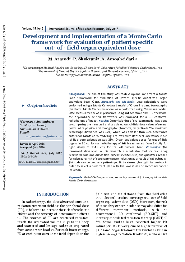 (PDF) Development and implementation of a Monte Carlo frame work for evaluation of patient ...
