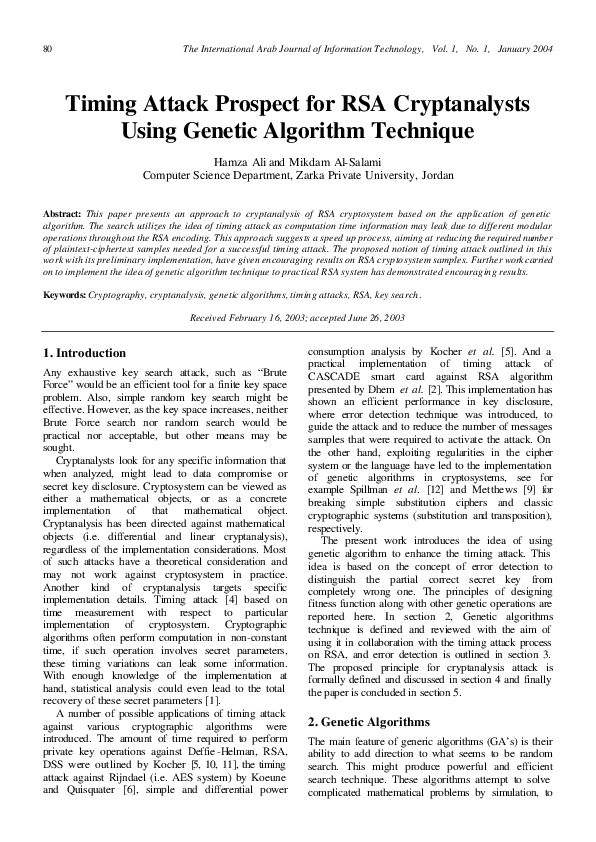 (PDF) Timing Attack Prospect for RSA Cryptanalysts Using Genetic Algorithm Technique