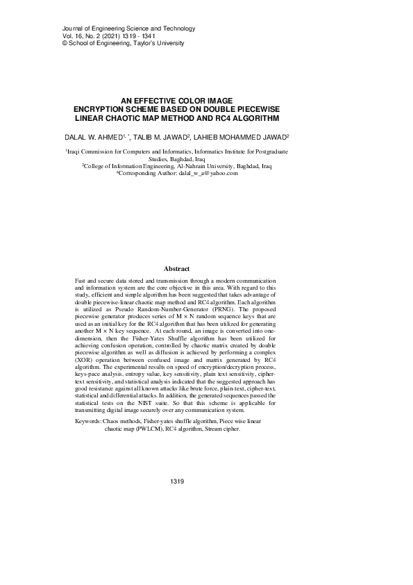 (PDF) An Effective Color Image Encryption Scheme Based on Double Piecewise Linear Chaotic Map ...