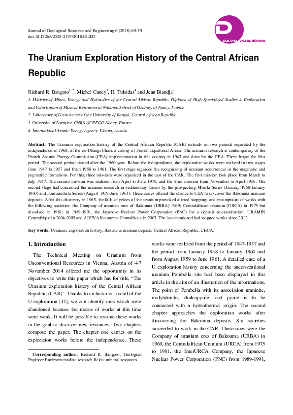 (PDF) The Uranium Exploration History of the Central African Republic