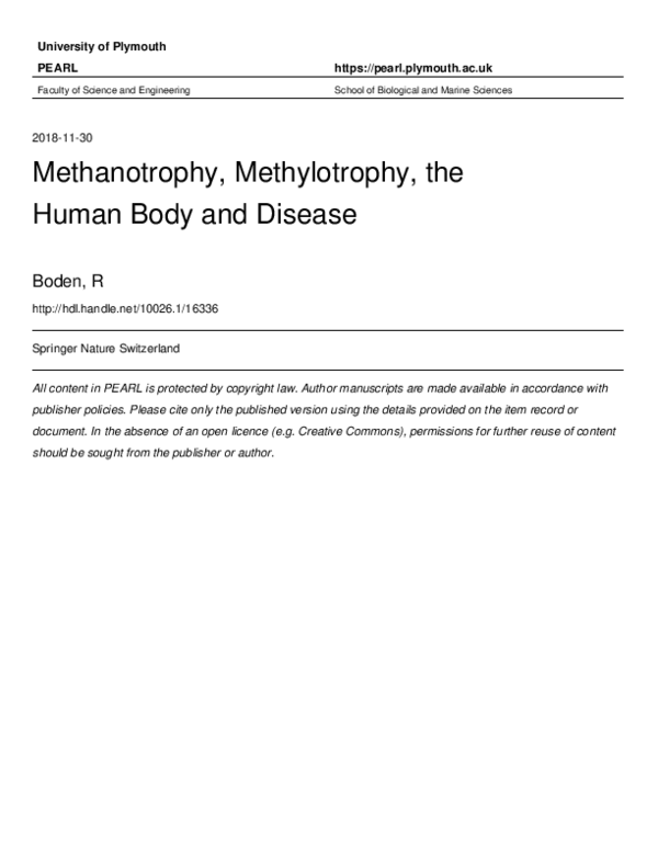 (PDF) Methanotrophy, Methylotrophy, the Human Body, and Disease
