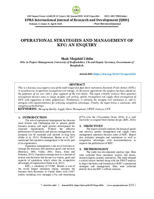 (PDF) Operational Strategies and Management of KFC: An Enquiry